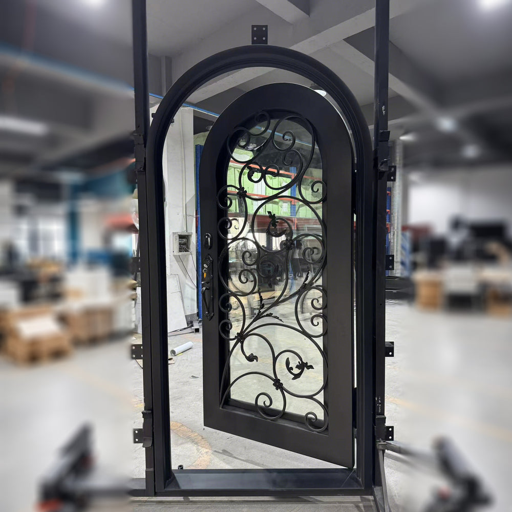 GID Small Size Iron Front Single Entry Door With Tempered Glass