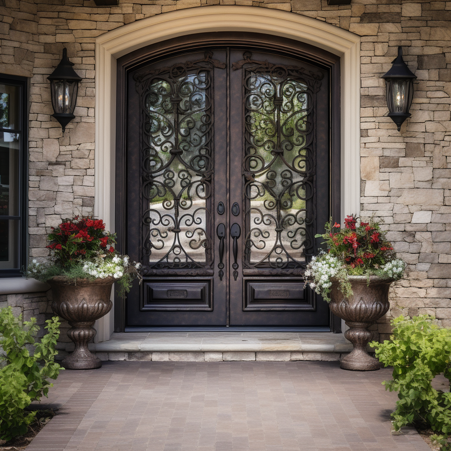 GID Arch Top Rose Cooper Wrought Iron Front Double Door