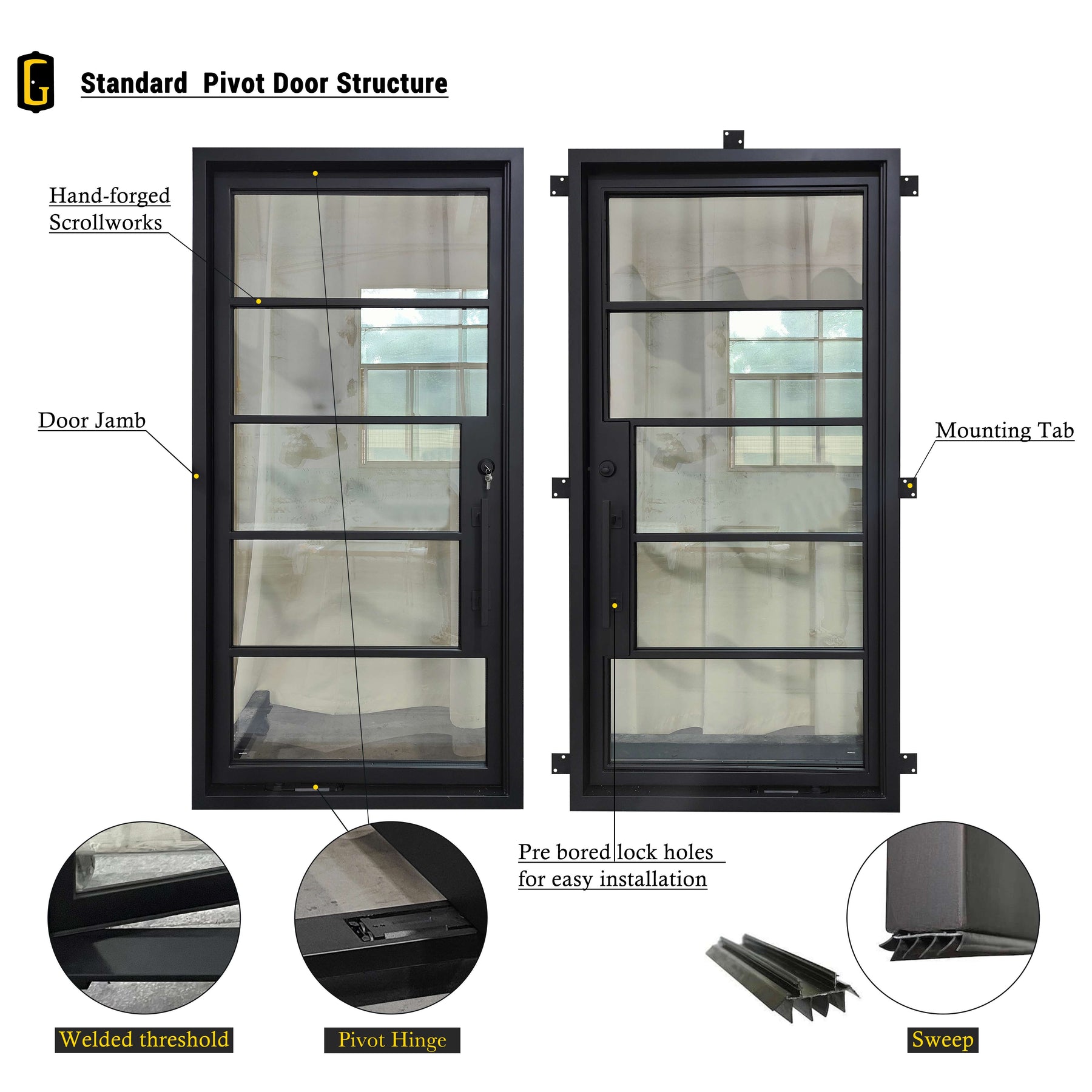 GID Thermal Break Iron Pivot Entry Door with Full Panel Glass