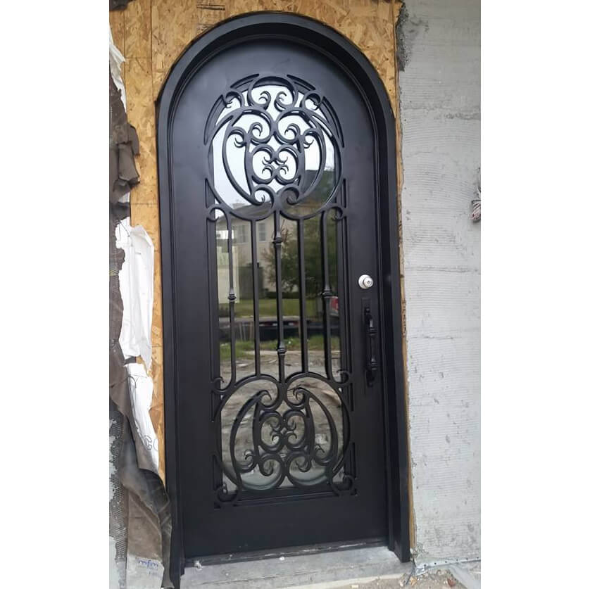GID Iron Single Front Door with Tempered Glass Exquisite Scrollwork