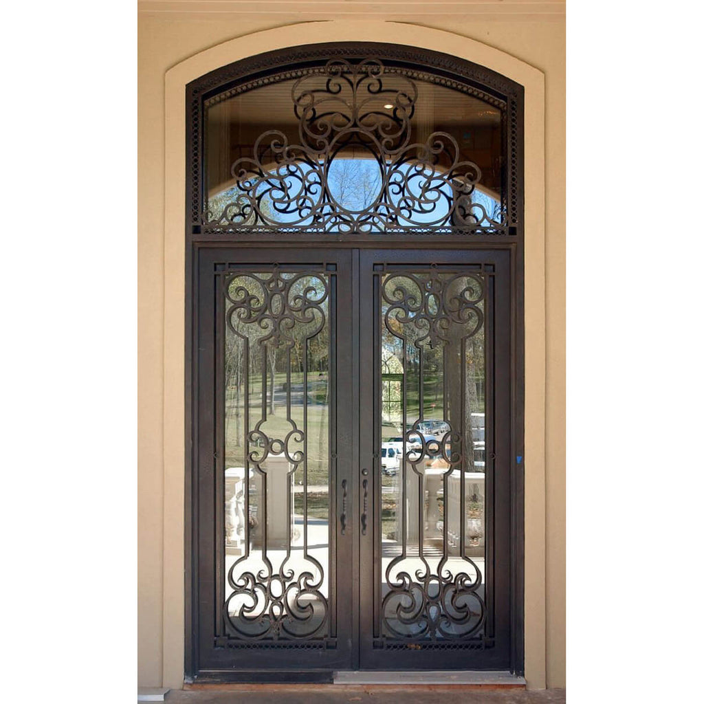 GID Double Iron Front Door with Fancy Scrollwork Arch Transom