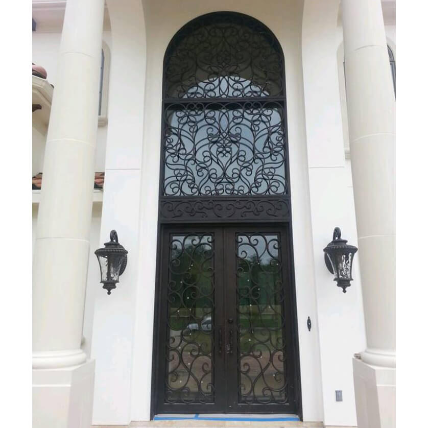 GID Luxury Iron Front Double Door with Large Panel Glass Transom